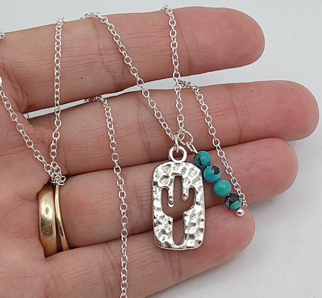 Silver Cactus Pendant, Turquoise Cactus Necklace, Saguaro Cactus ...