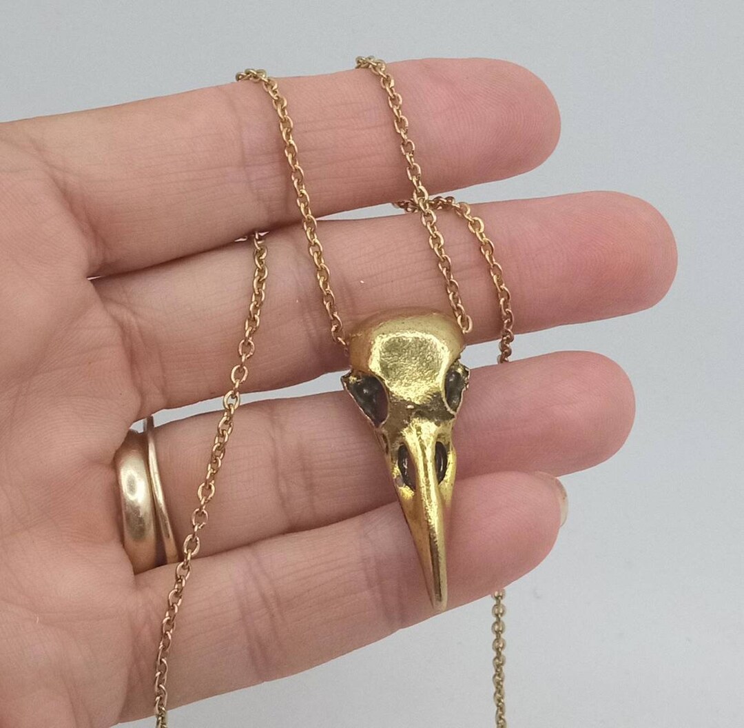 Bird Skull Necklace, Gold Bird Skull Pendant, Goth Bird Necklace, Pagan ...