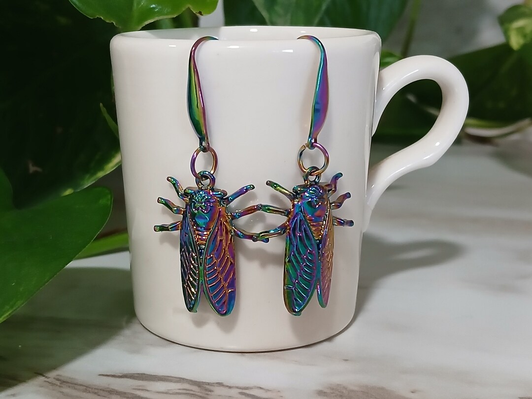 Rainbow Cicada Earrings, Rainbow Cicada Dangles, Colorful Cicada ...