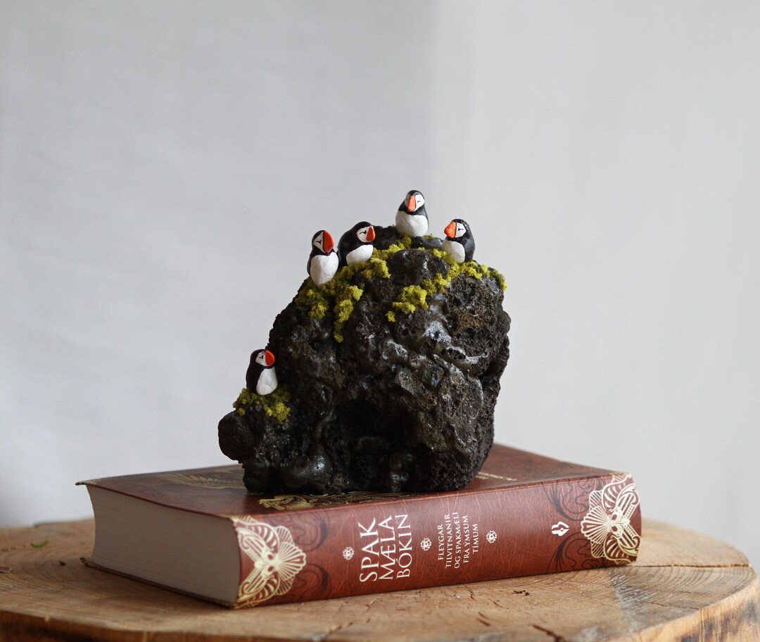 Small Puffins Sculptures on a Lava Rock. Designed and Made by Icelandic ...