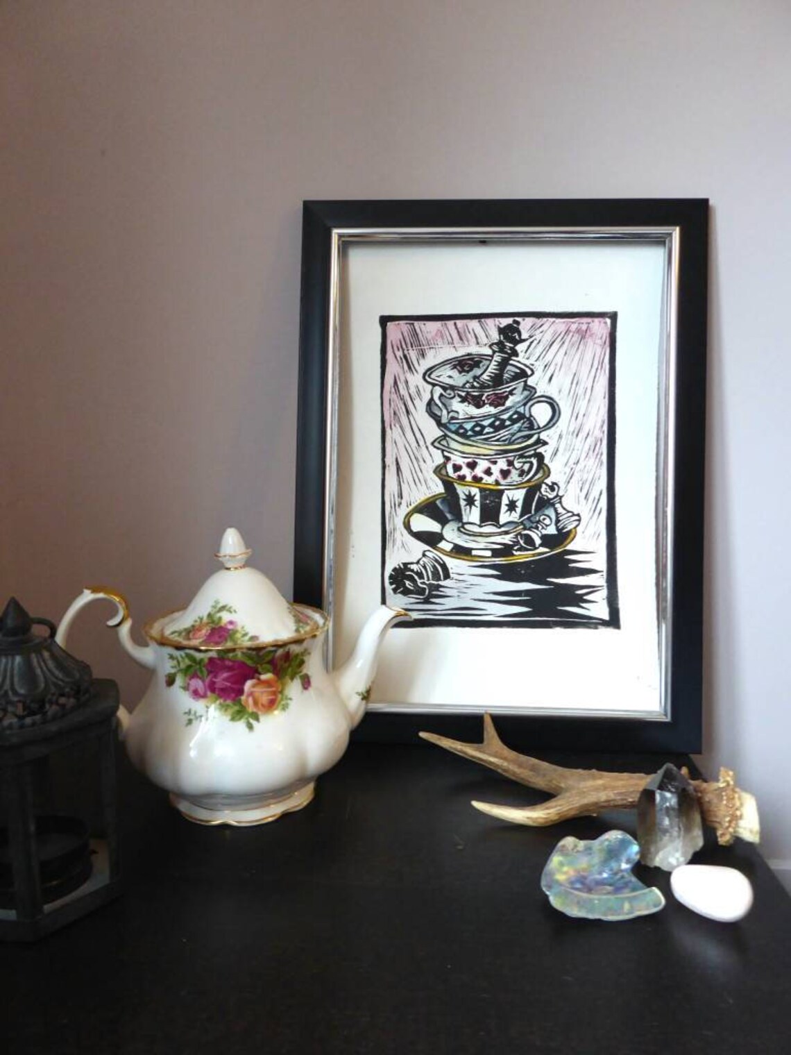 Teacups and Chess Lino Print - Etsy