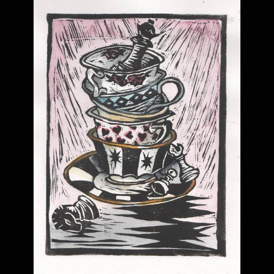 Teacups and Chess Lino Print - Etsy