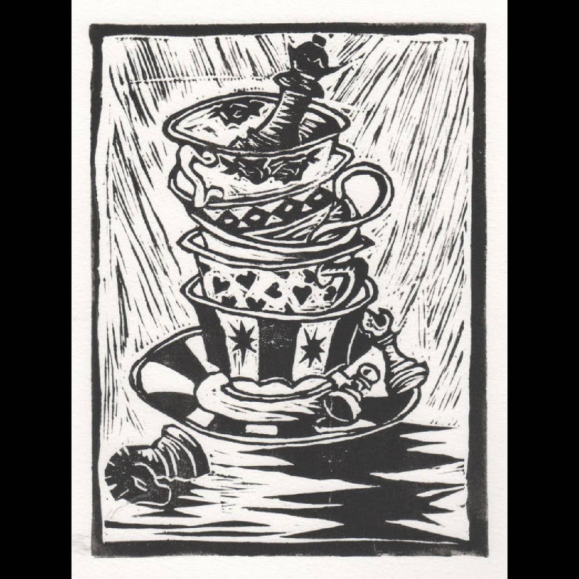 Teacups and Chess Lino Print - Etsy