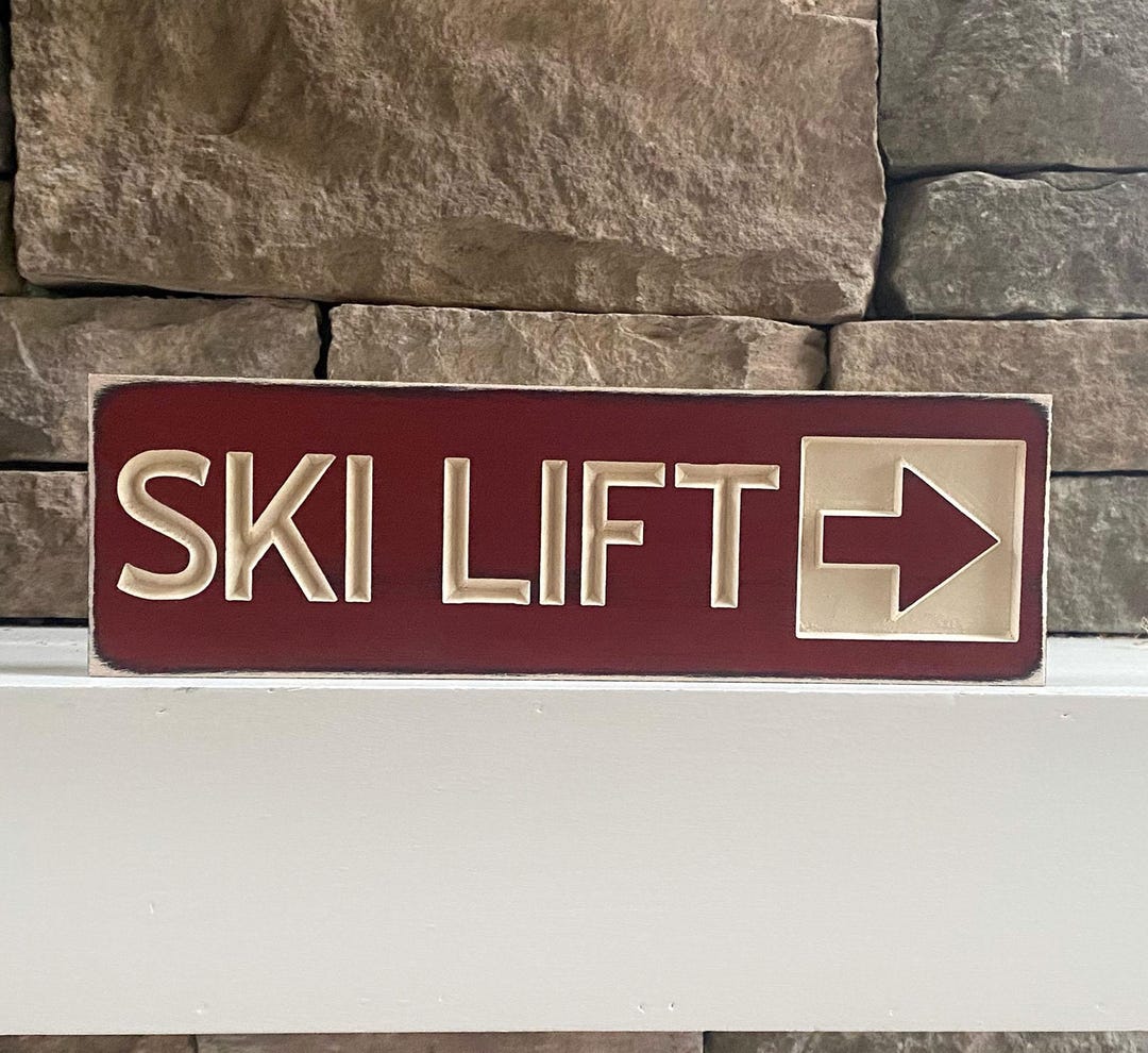 Carved Rustic Wood Ski Lift Sign Distressed Winter Skiing Cabin Lodge ...