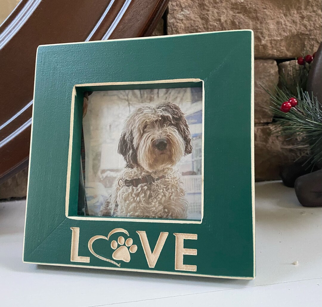 Pet Photo Frame LOVE Paw Print Heart Carved Wood Picture Frame Gift for ...
