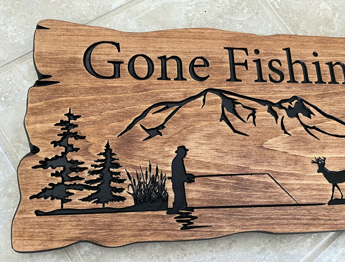 Gone Fishing Wood Sign: Rustic Carved Cabin Décor, Gift for Fisherman ...