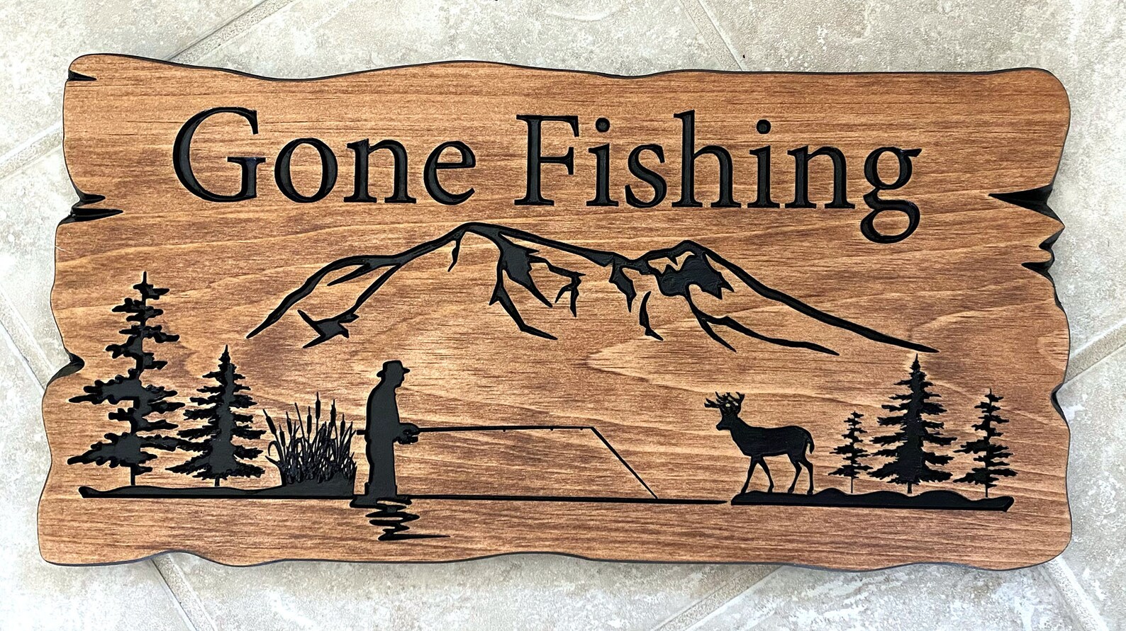 Gone Fishing Wood Sign: Rustic Carved Cabin Décor, Gift for Fisherman ...