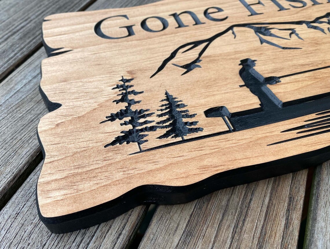 Gone Fishing Wood Sign Rustic Carved Cabin Lake House Sign Gift for ...
