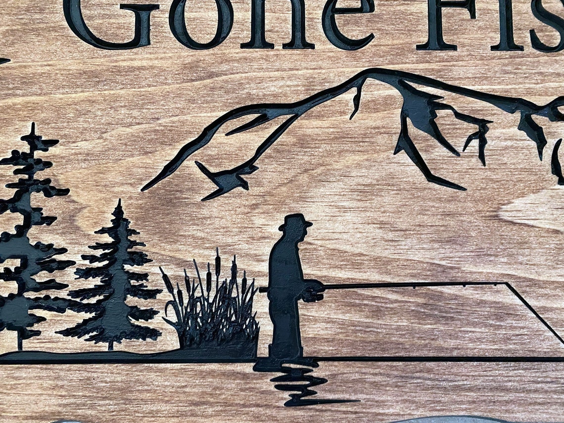 Gone Fishing Wood Sign: Rustic Carved Cabin Décor, Gift for Fisherman ...