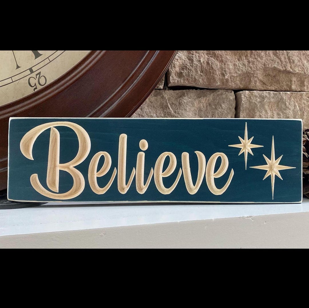 Believe Carved Wood Sign Christmas Decor Rustic Farmhouse Signs Hostess ...