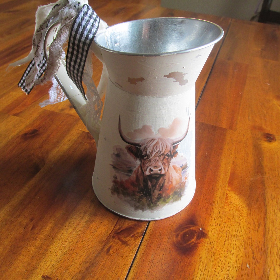 Upcycled Tin Pitcher, Highland Cow Decor, Farmhouse Decor, Home Decor ...