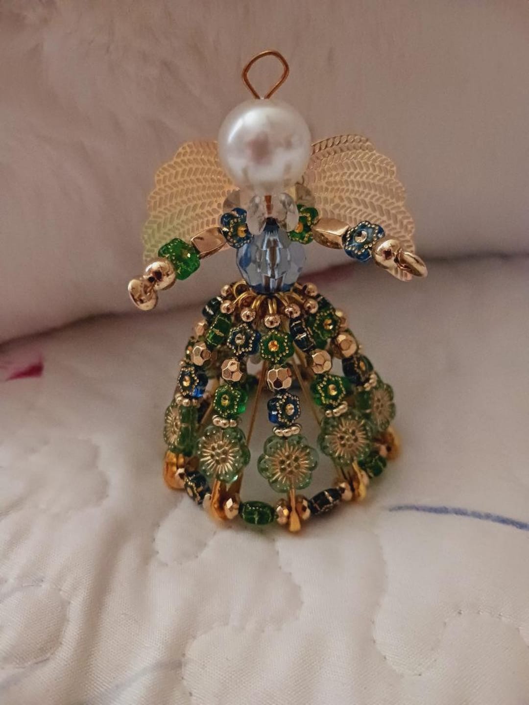 Beaded Gold Safety Pin Angel in Floral Blue Green - Etsy