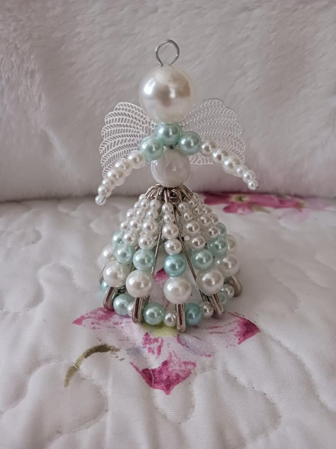 Beaded Silver Safety Pin Angel in Pearl and Light Aquamarine - Etsy
