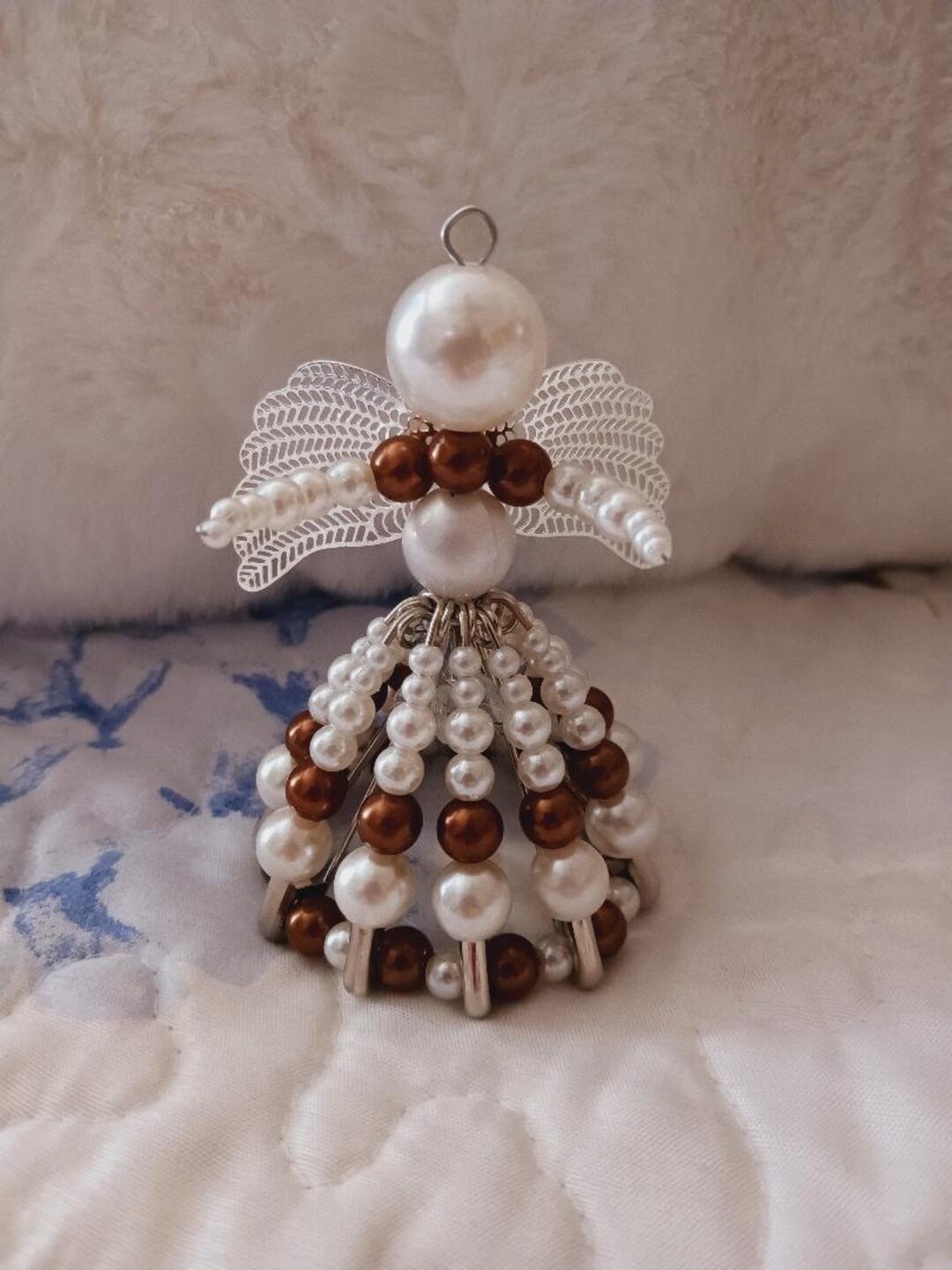 Beaded Silver Safety Pin Angel in Pearl and Metallic Brown - Etsy
