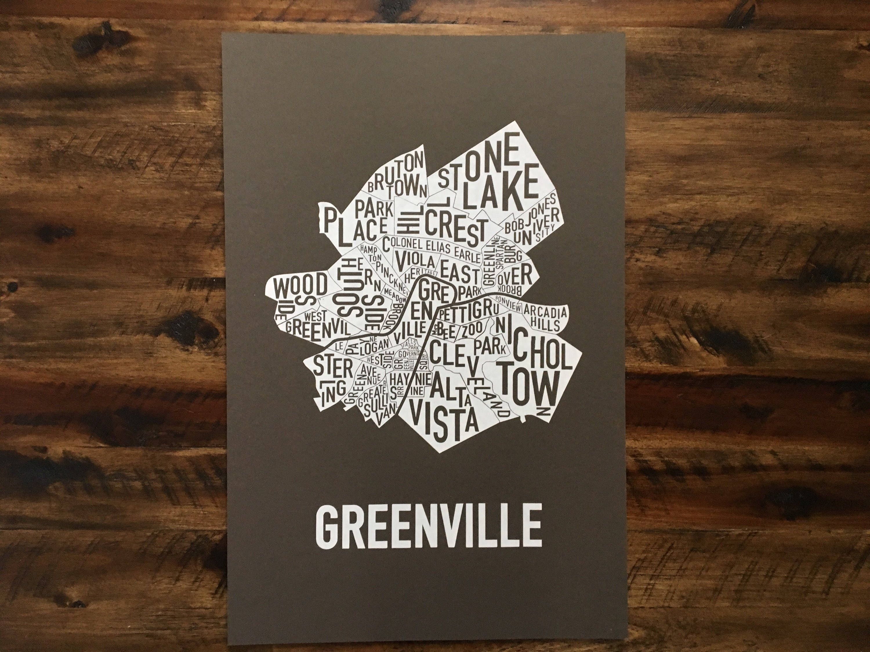 Greenville South Carolina Neighborhoods Screen Print Map | Etsy