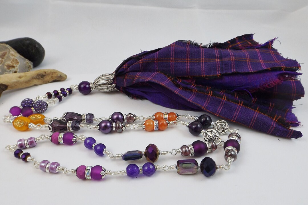 Colorful Purple & Orange Plaid Tassel Necklace: Handmade - Etsy