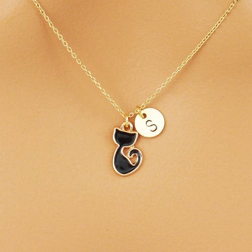 Dainty Black Cat Necklace/ Personalized Initial Cat Necklace. | Etsy