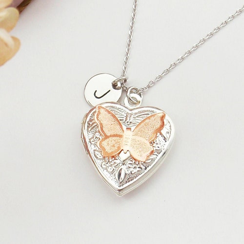 Personalized Rose Gold and Silver Butterfly Heart Locket | Etsy