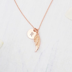 Personalized Rose Gold Angel Wing Necklace. Dainty Angel Wing Rose Gold ...