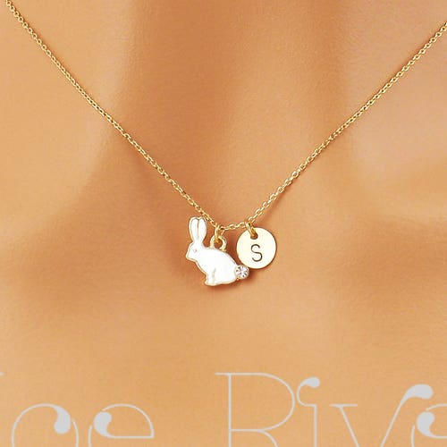 Personalized White Rabbit Necklace Personalized Initial - Etsy