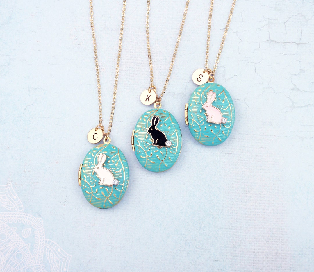 Personalized Rabbit or Cat Locket Initial Necklace. Turquoise Black ...