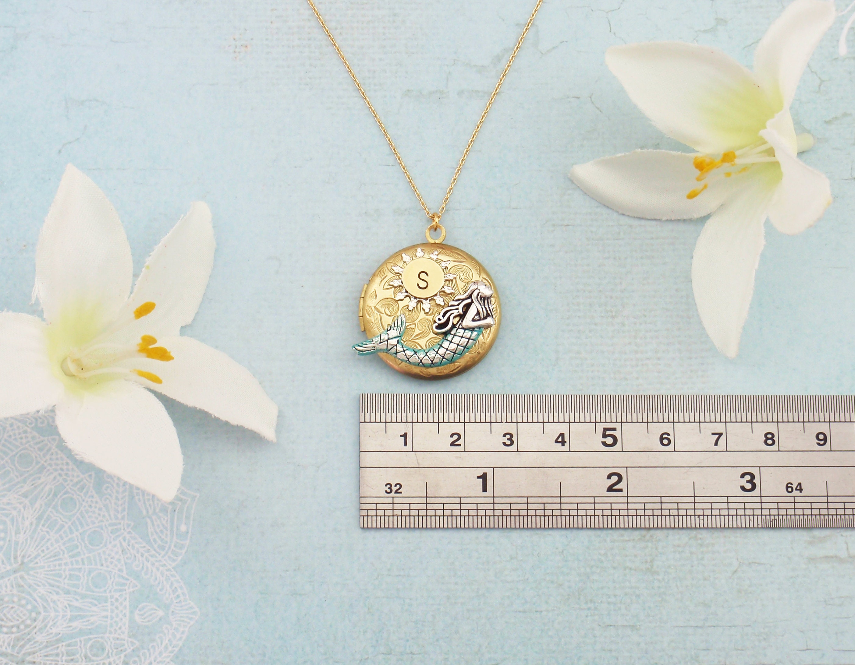 Personalized Mermaid Initial Monogram Locket Necklace. Turquoise, Gold ...