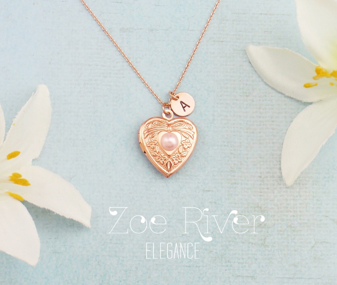 Personalized Rose Gold and Pink Pearl Heart Locket Necklace. Dainty ...