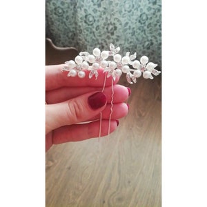 Silver Pearl and Crystal Bridal Hairpin. Dainty Wedding Hair Pin. White Clear Crystal Bridal ...