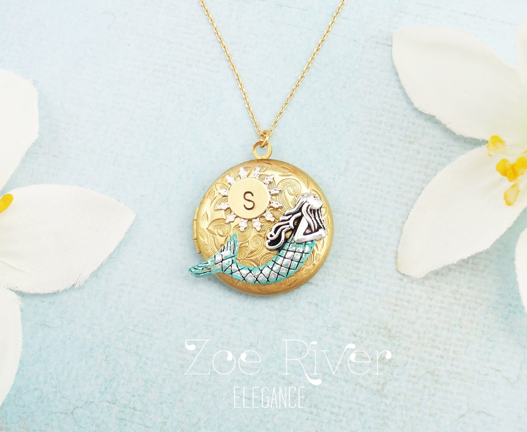 Personalized Mermaid Initial Monogram Locket Necklace. Turquoise, Gold ...