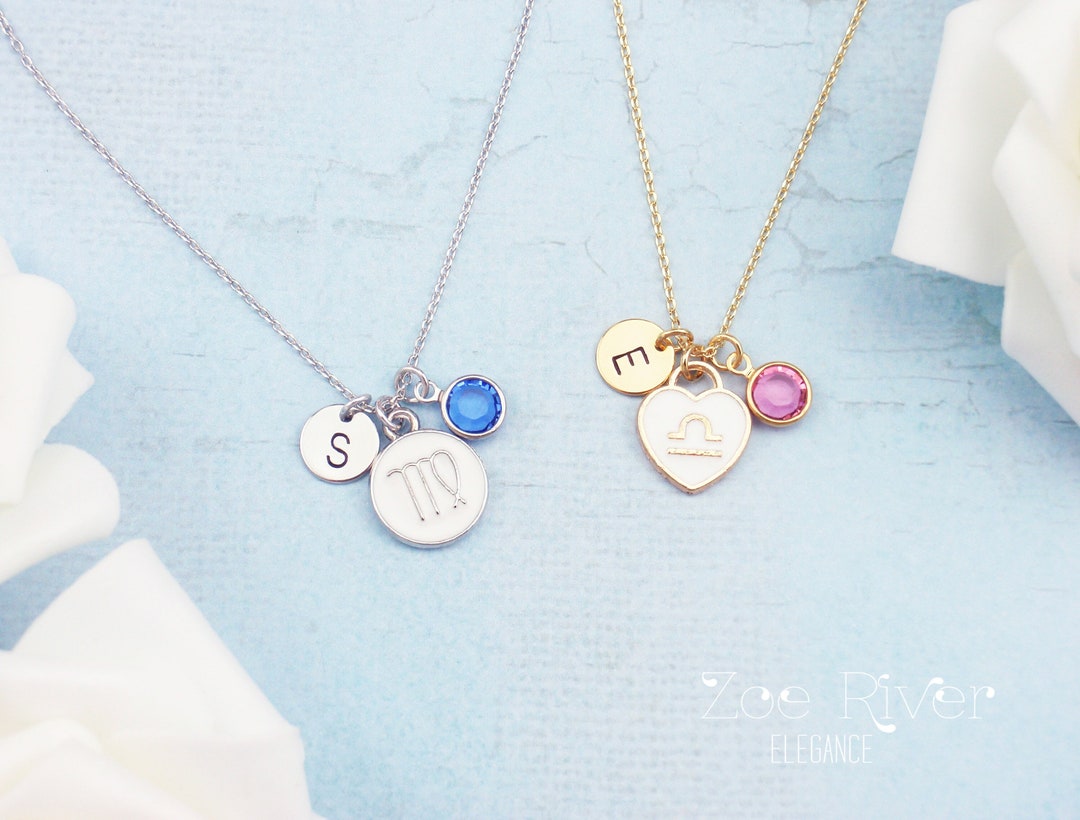 Personalized Starsign Birthstone Initial Necklace. Choose Silver or ...