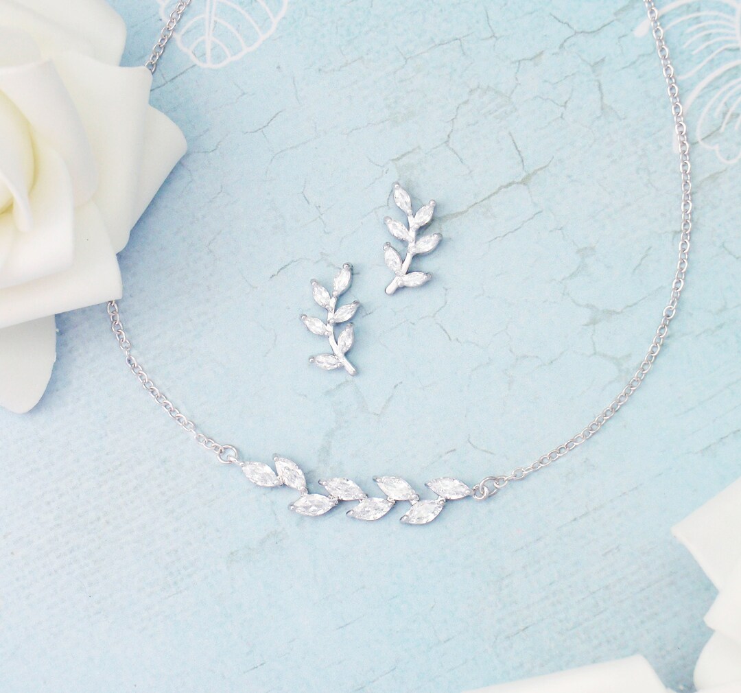 Dainty Silver Crystal Leaf Vine Branch Earrings, Bracelet, Necklace ...