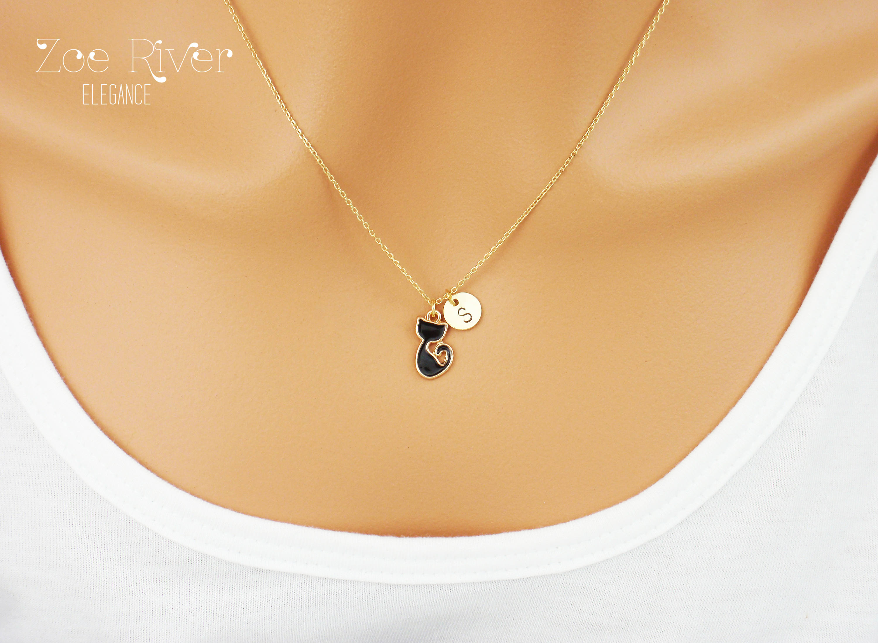 Dainty Black Cat Necklace/ Personalized Initial Cat Necklace. - Etsy
