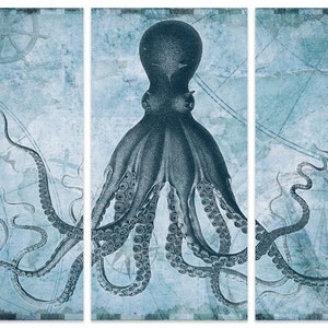 Octopus Triptych in Aqua and Teal Blues on a Vintage Nautical - Etsy