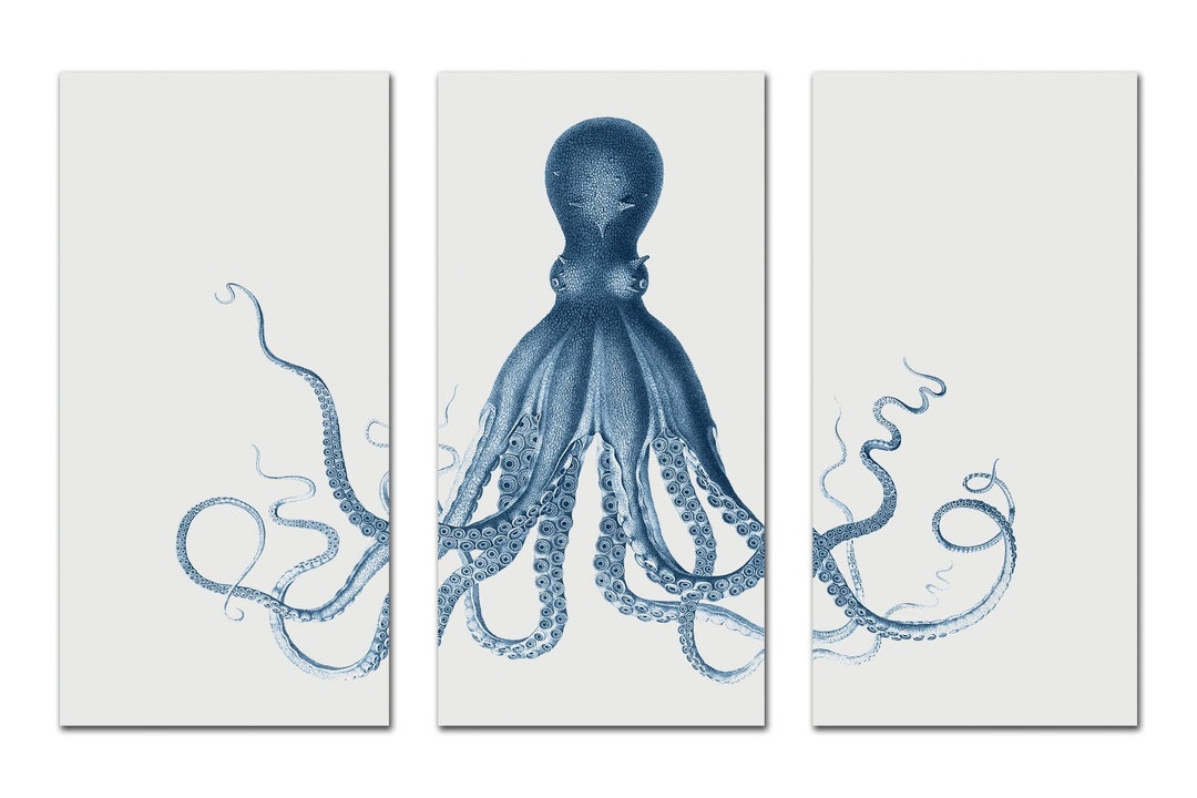 Octopus Triptych in Navy and Blanc De Blanc, "the Louis", Large ...