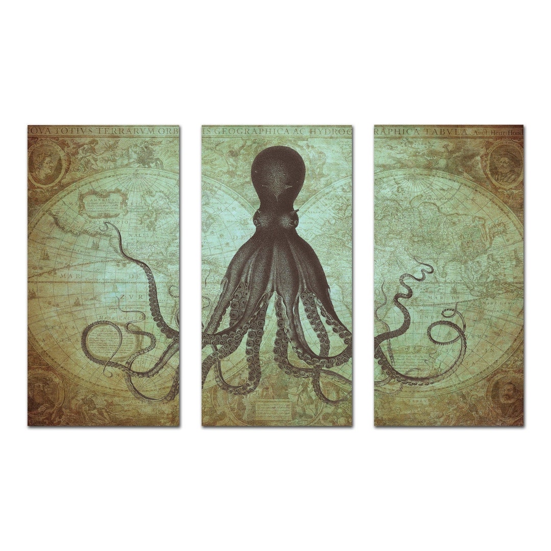 Octopus on Vintage World Map Triptych, Octopus Print, Nautical Decor ...