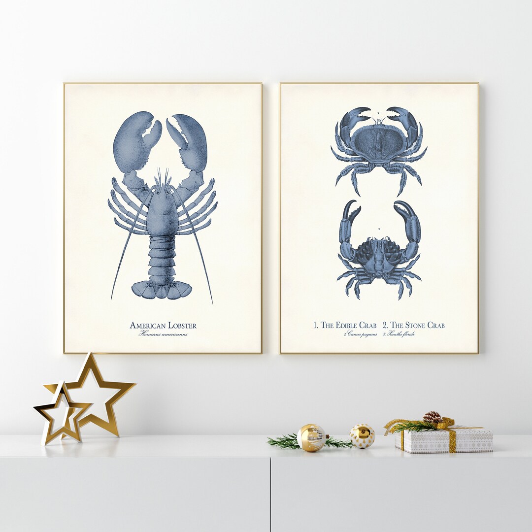 Lobster and Crabs Nautical Art Print Set of 2, Navy Blue Coastal Wall ...