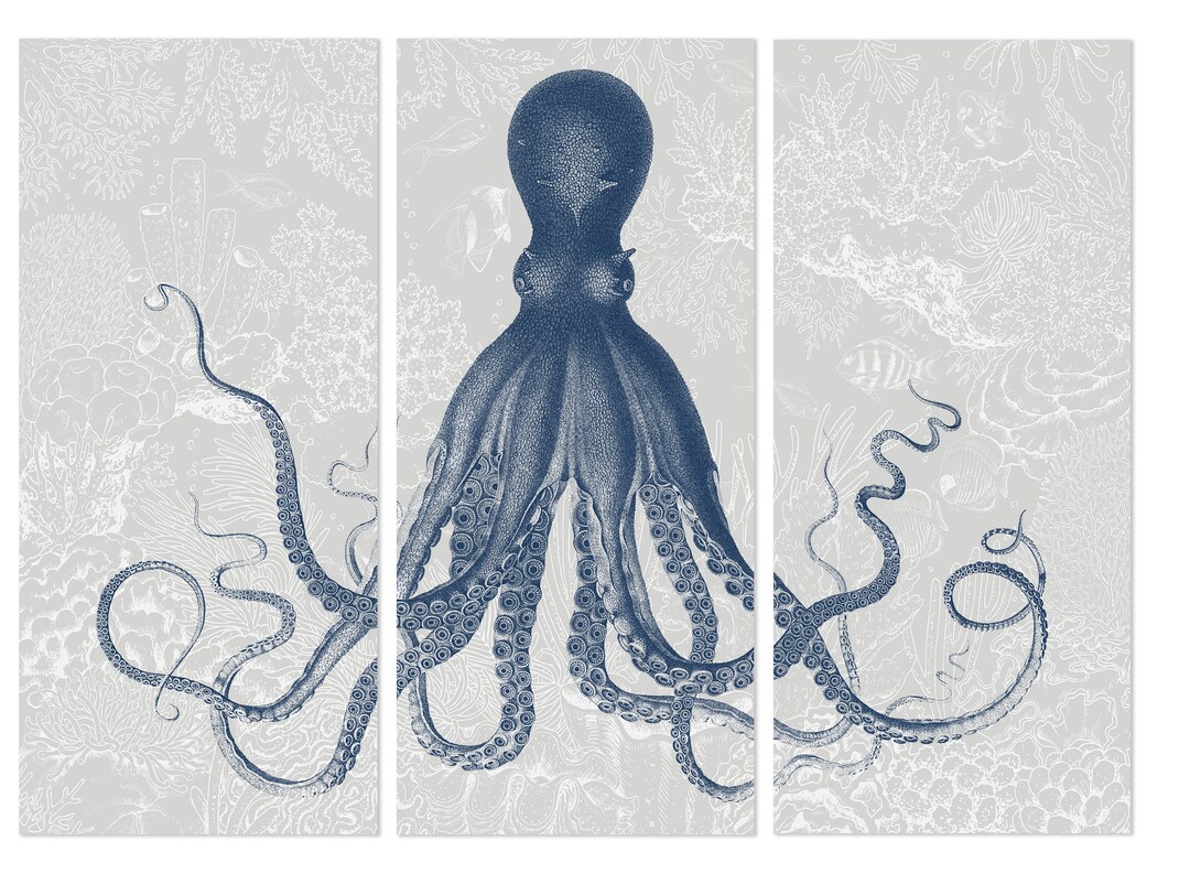 Navy Blue Octopus Triptych: Coastal Sea Life Wall Art Print - Etsy