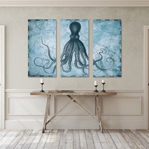 Octopus Triptych in Aqua and Teal Blues on a Vintage Nautical - Etsy