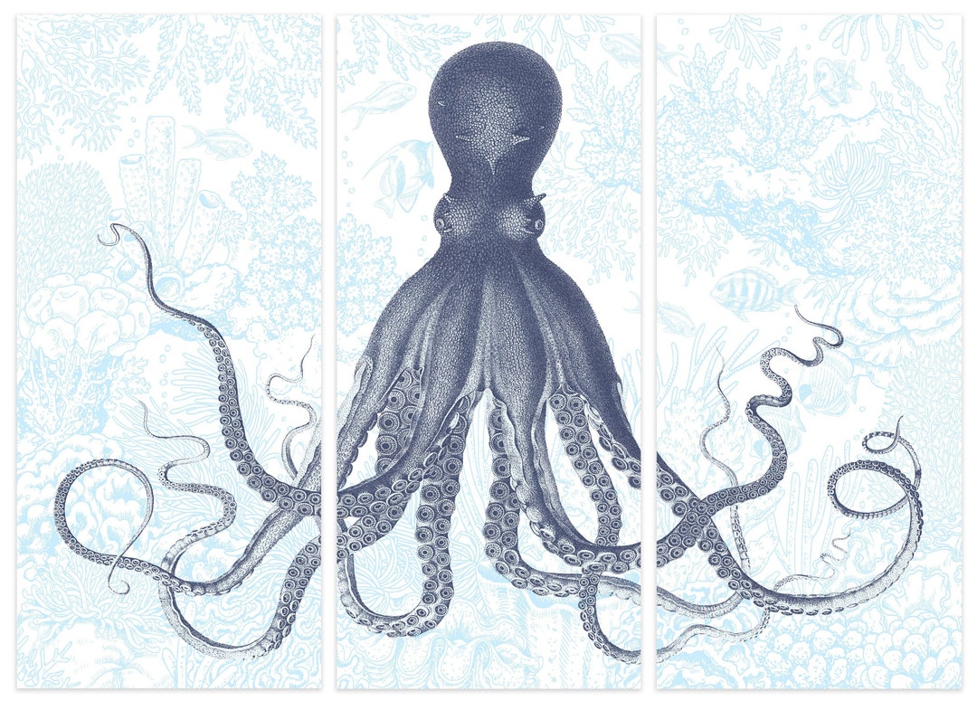 Navy and White Octopus Triptych With Sea Life Background, Lord Bodner ...