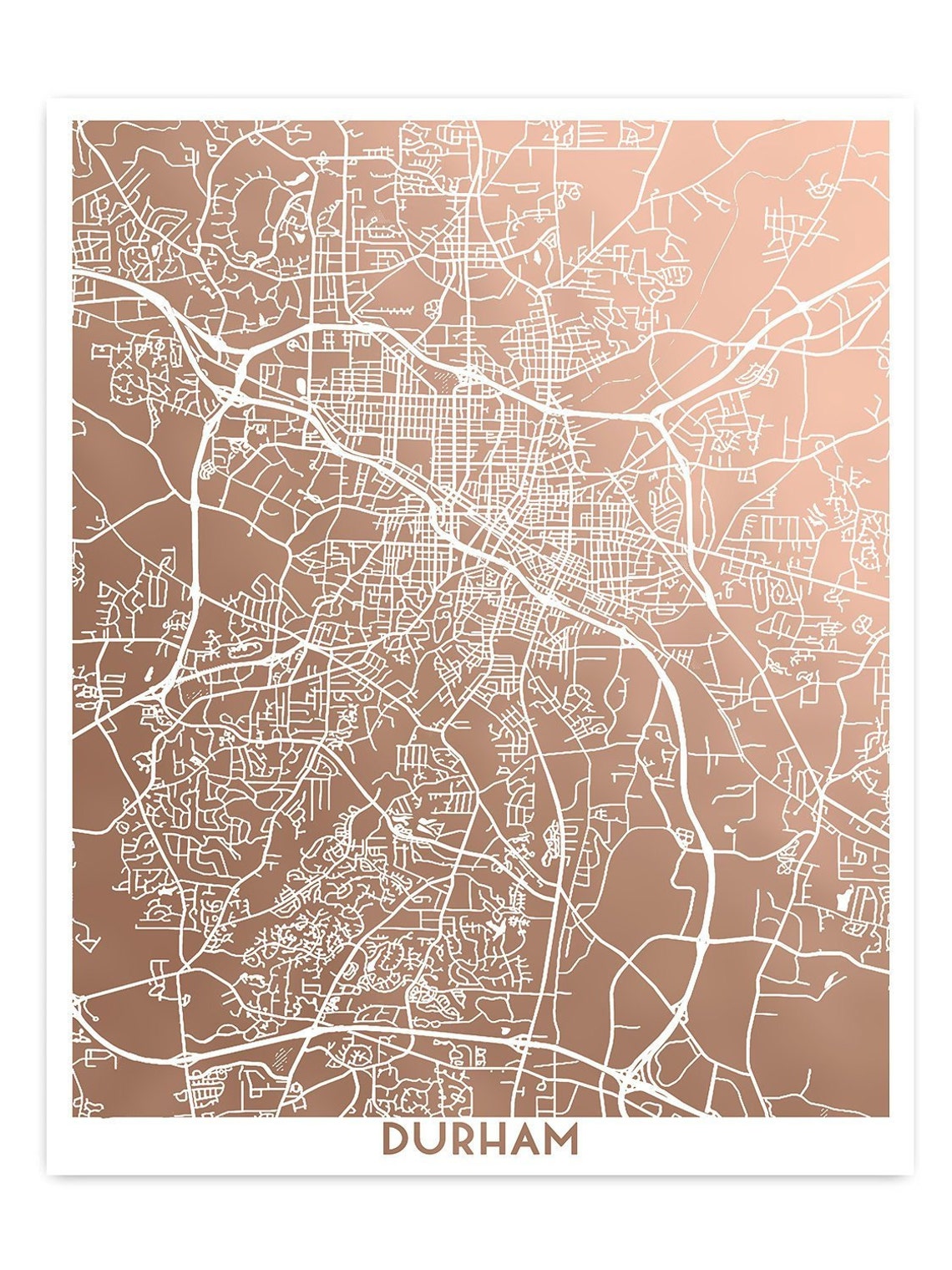 Durham Map Rose Gold Foil Map Map of Durham NC Rose Gold - Etsy