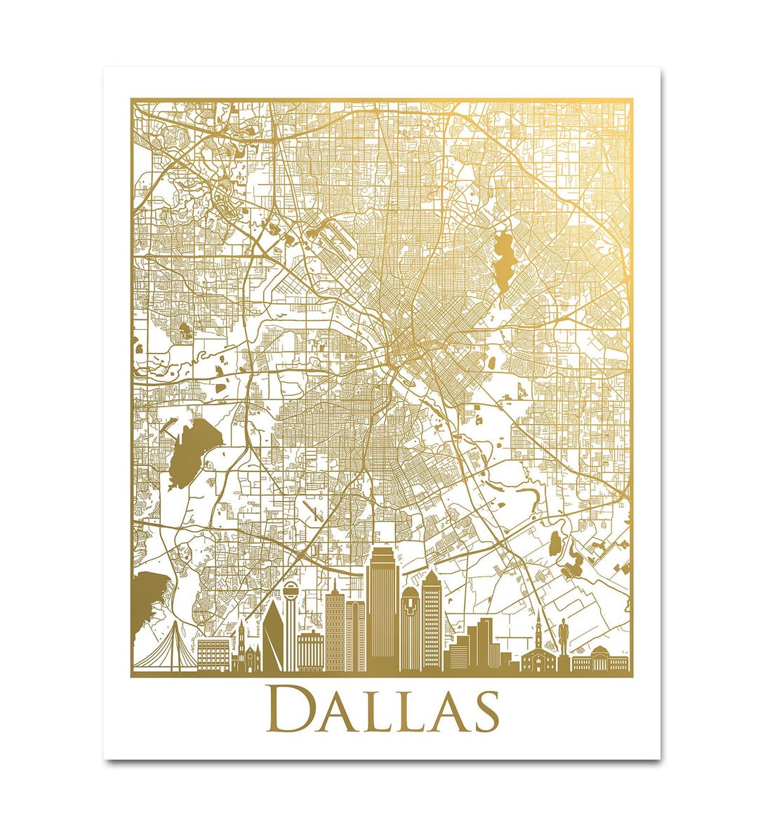 Dallas Skyline Map Print – Gold Foil City Map on White – Modern Dallas ...