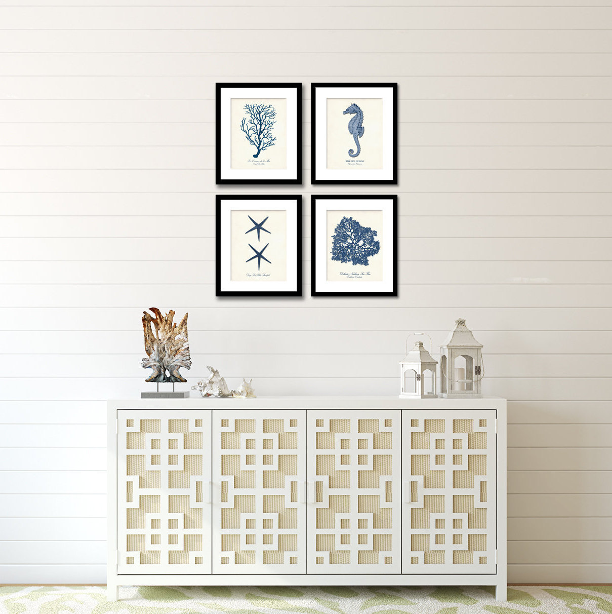 Nautical Print Set of 4 in Navy Blue Coastal Wall Art Coral | Etsy