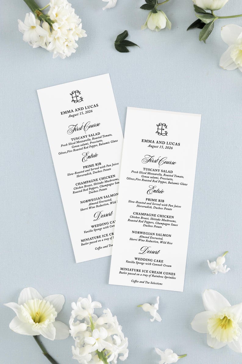 Monogram Wedding Menu Cards | Formal Script Menu | Elegant Reception ...