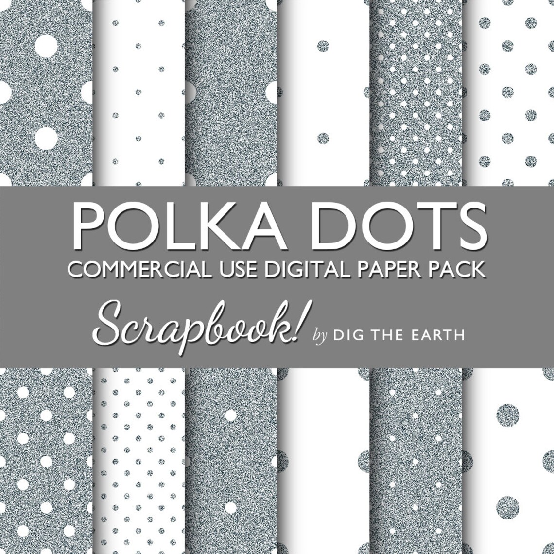 INSTANT DOWNLOAD Silver Glitter Polka Dots Digital Paper 12x12 Inch Set ...