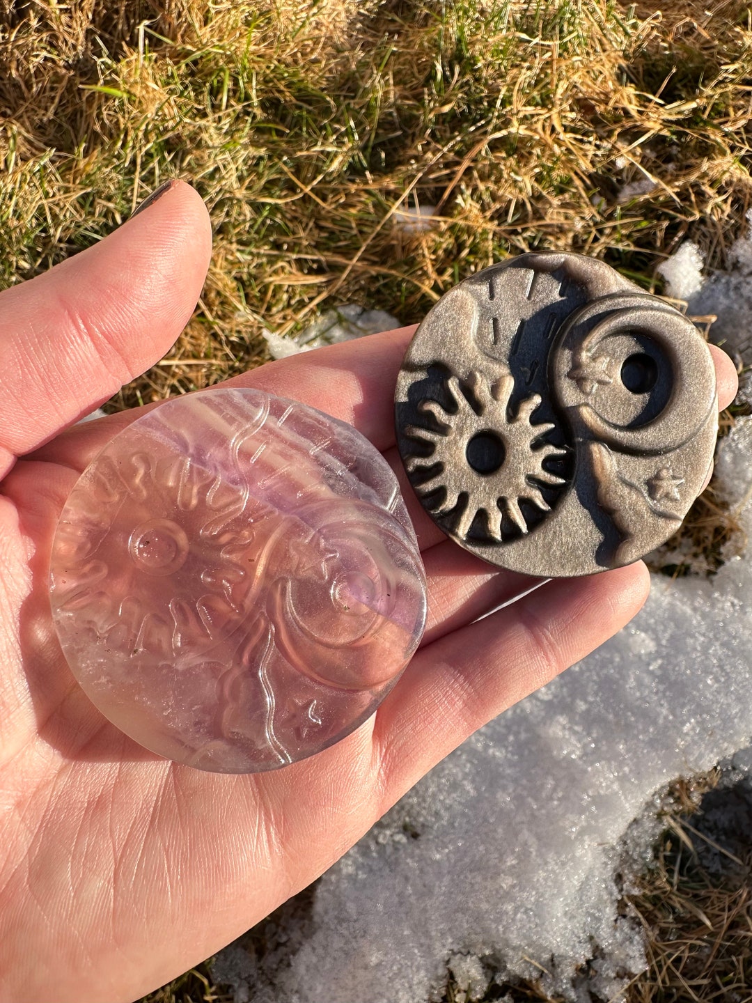 Sun and Moon Medallion Golden Obsidian or Fluorite Carving - Etsy