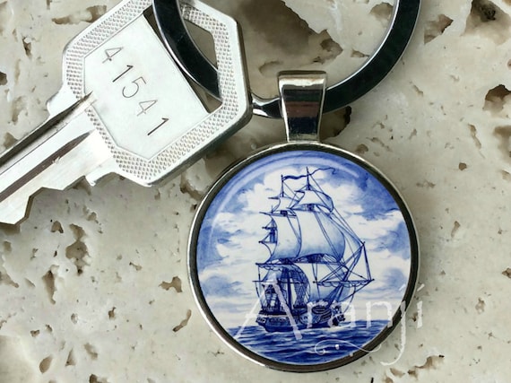 Blue and White Ship Key Chain Blue White Ship Key Ring Delft | Etsy