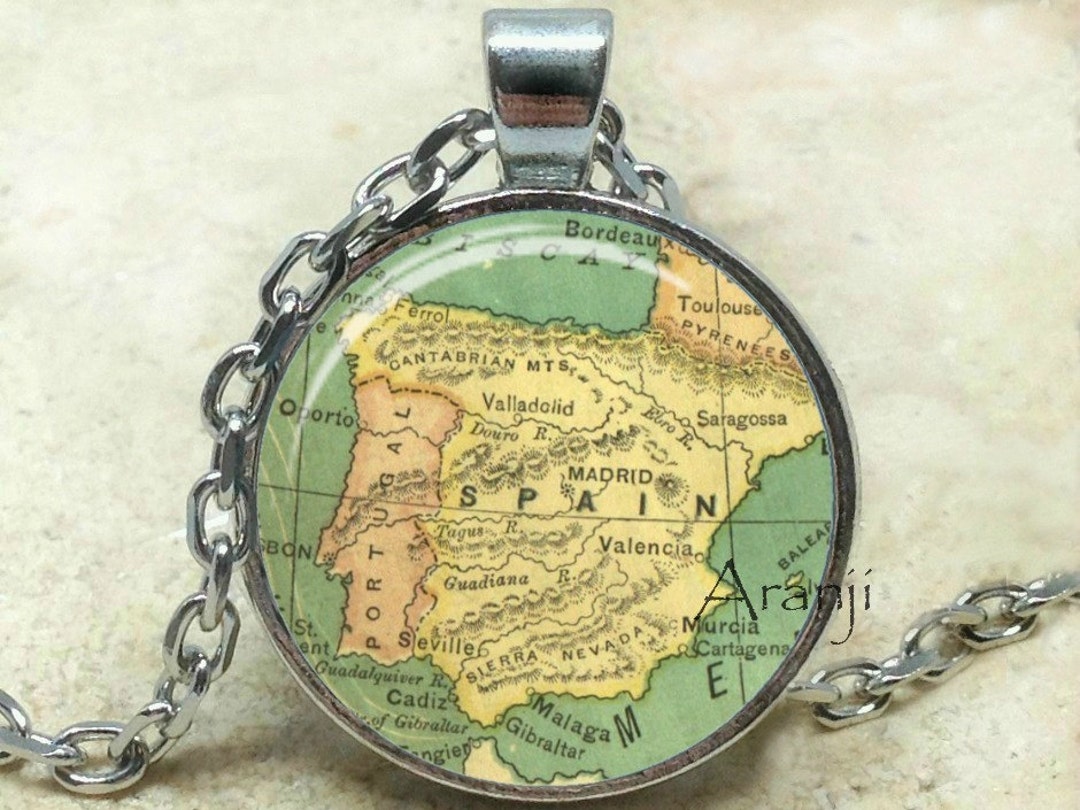 Vintage Map of Spain Art Pendant, Map Necklace, Map Jewelry, Spain Map ...