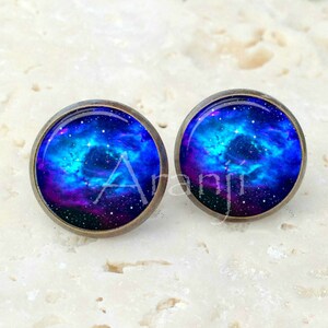 Glass Dome Blue Nebula Earrings, Galaxy Earrings, Nebula Stud Earrings ...