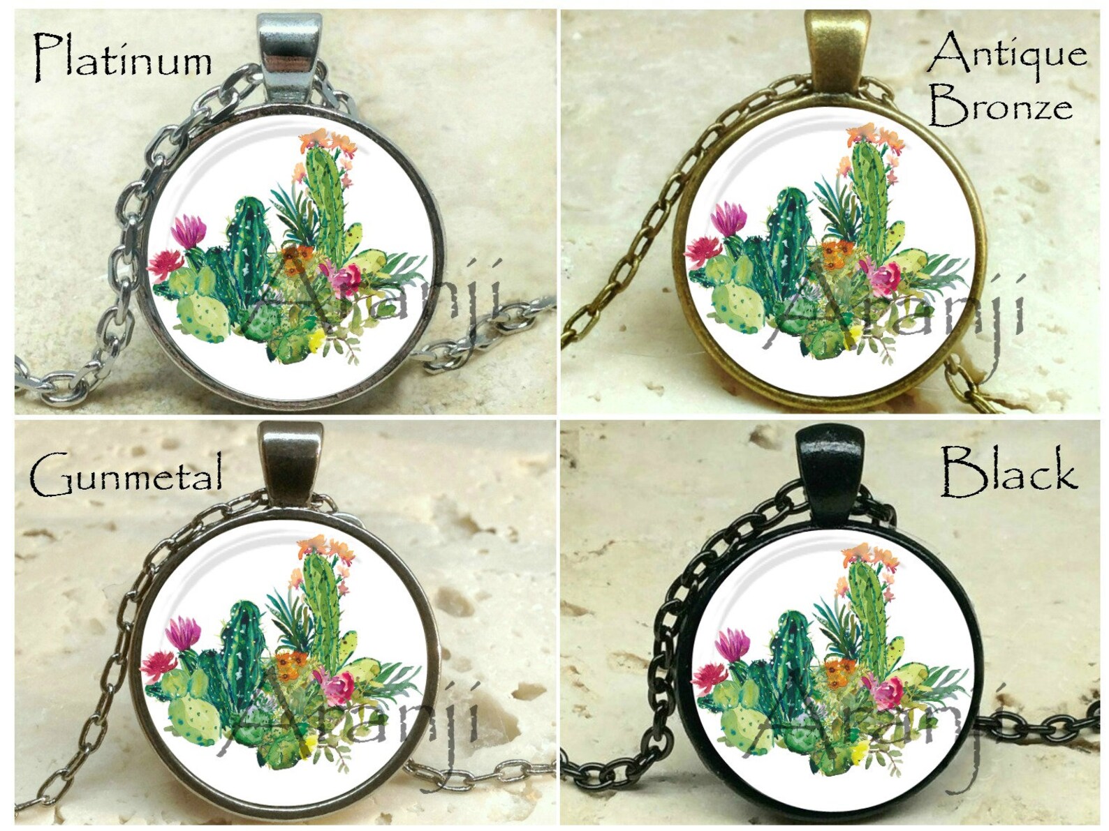 Cactus Watercolor Art Pendant, Succulent Watercolor Necklace, Succulent ...