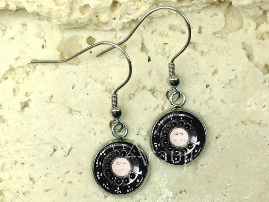 Black Vintage Rotary Phone Earrings, Phone Earrings, French Hook ...